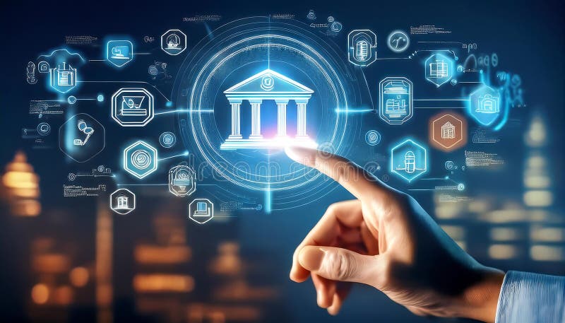 Hand Interacting with a Digital Banking Interface, Showing Icons for ...