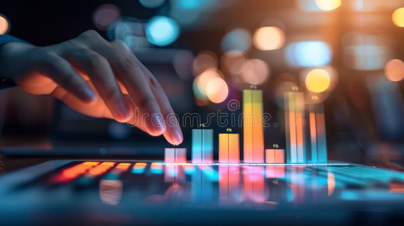 Hand Interacting with a Digital Bar Graph on a Screen. Data ...