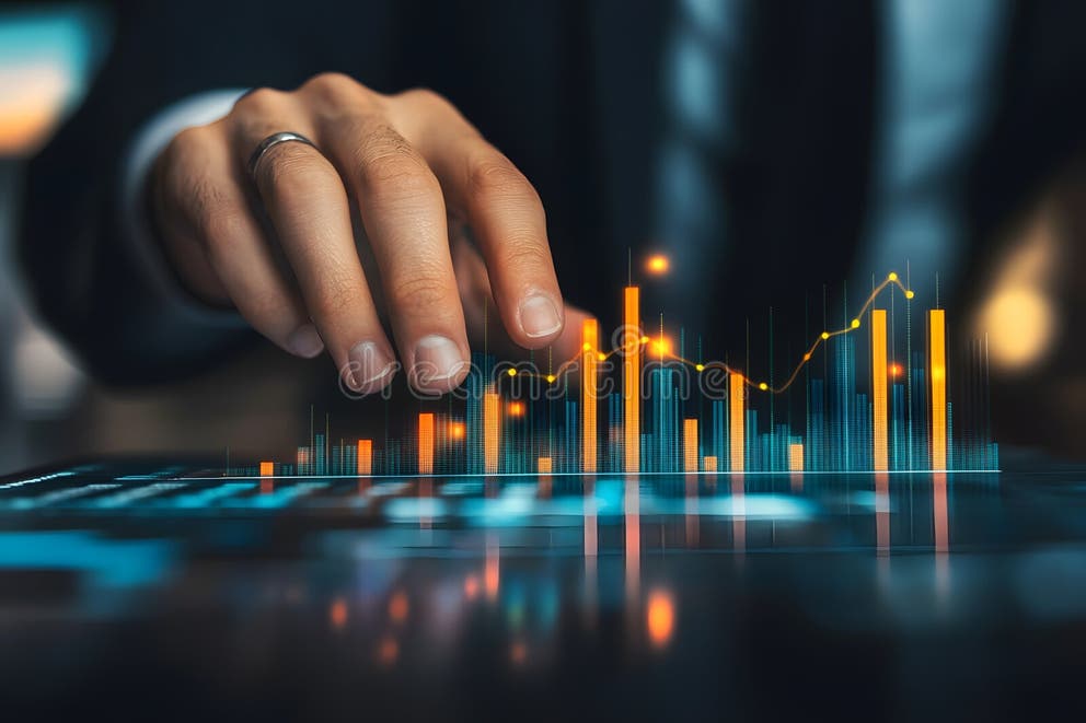 Hand Interacting with Digital Bar Graph on a Tablet Stock Illustration ...