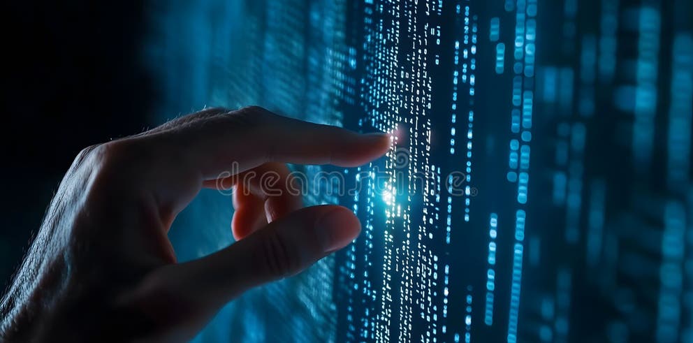 Hand Interacting with Digital Binary Code Stream Data Technology ...