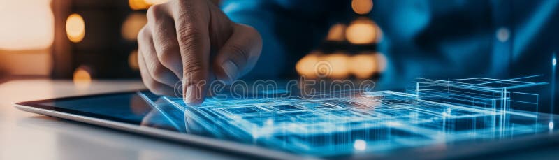 Hand Interacting with Digital Blueprint on Tablet Stock Illustration ...