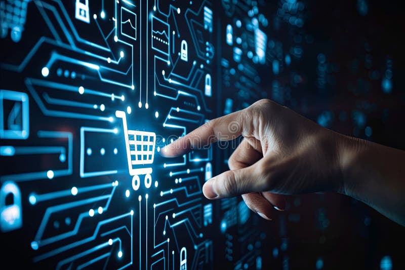 Hand Interacting with Digital Cart Icons on Circuit Board Backdrop ...