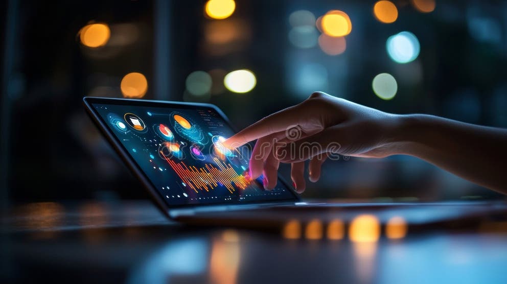 Hand Interacting with Digital Charts on a Futuristic Tablet Stock Image ...