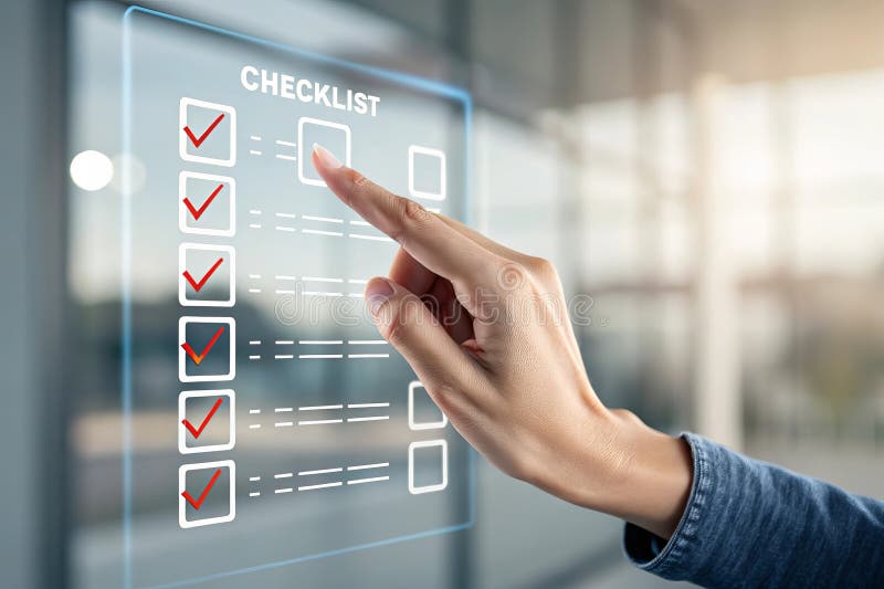 Hand Interacting with Digital Checklist Interface Touchscreen Stock ...