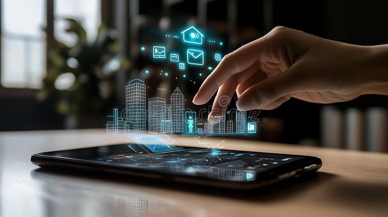 Hand Interacting with Digital City Hologram on Smartphone Stock ...