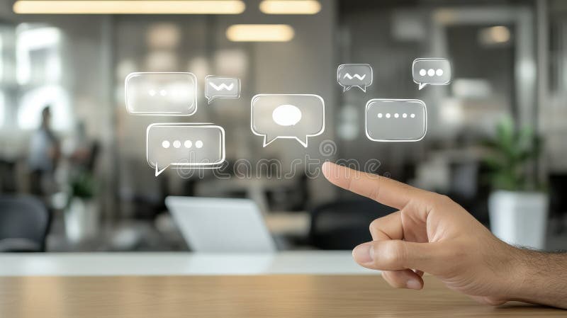 Hand Interacting with Digital Communication Bubbles Stock Illustration - Illustration of ...