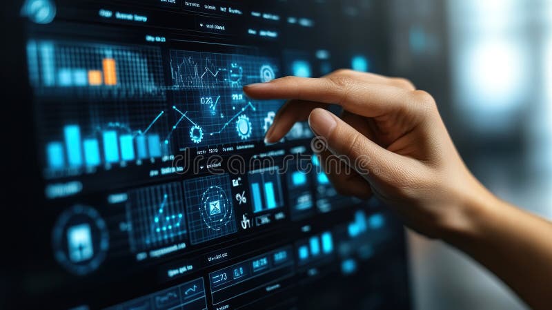 Hand Interacting with Digital Dashboard, Modern Office Background Stock ...