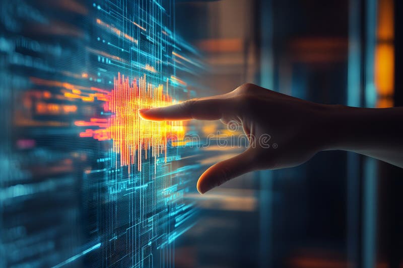 Hand Interacting with Digital Data and Network Visualization Stock ...