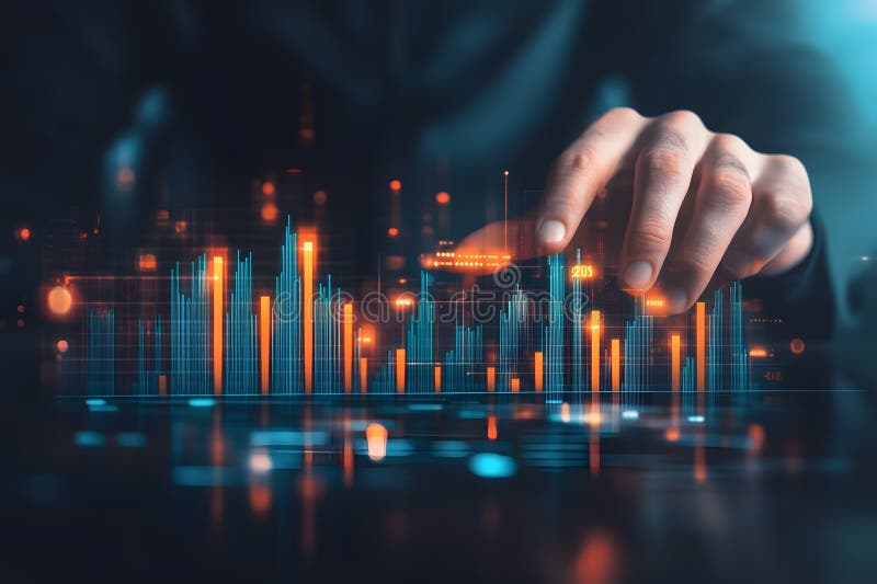 Hand Interacting with Digital Data Visualization with Bar Graph Stock Illustration ...