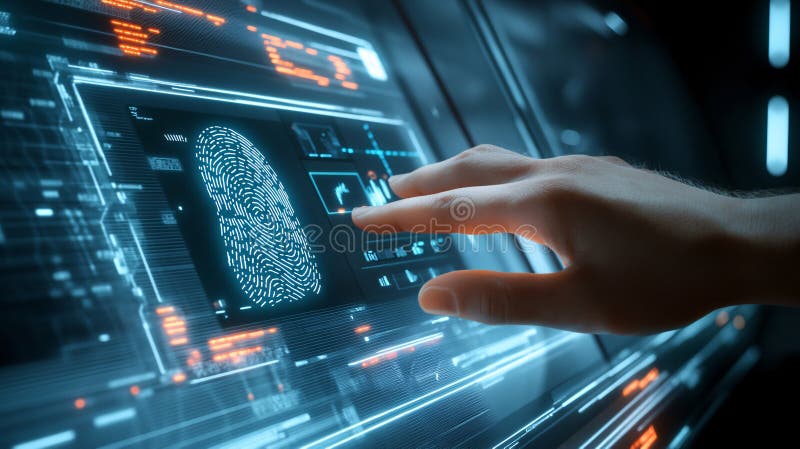 Hand Interacting with Digital Fingerprint Scanner Display Stock ...
