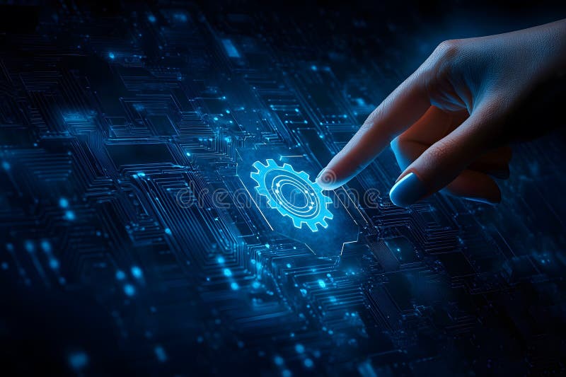 Hand Interacting with Digital Gear Icon Futuristic Interface ...