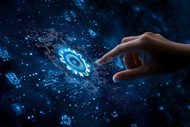 Hand Interacting with Digital Gear Icon Futuristic Interface ...