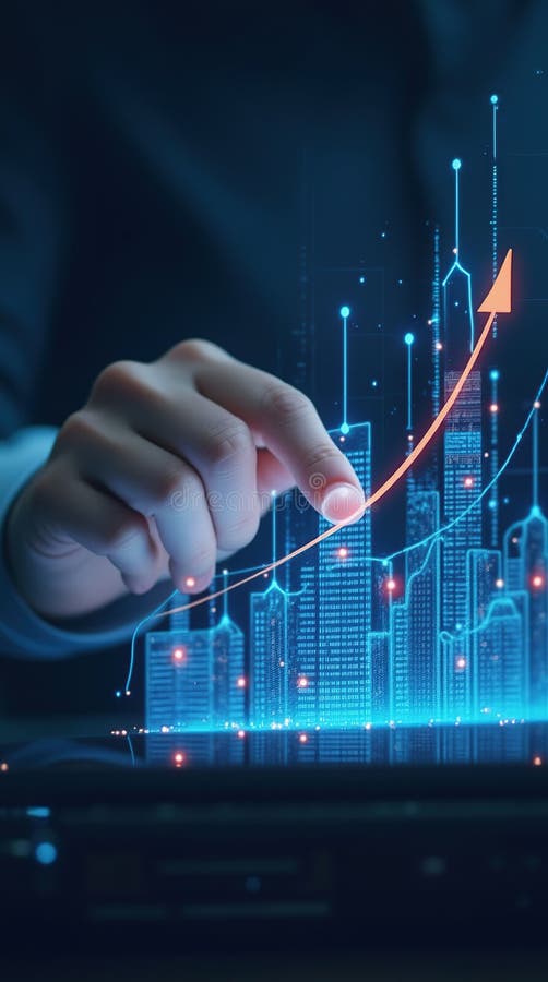 Hand Interacting with Digital Graph Interface and Rising Buildings ...