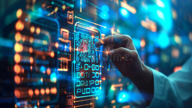 Hand Interacting with a Digital Holographic Interface, Surrounded by ...