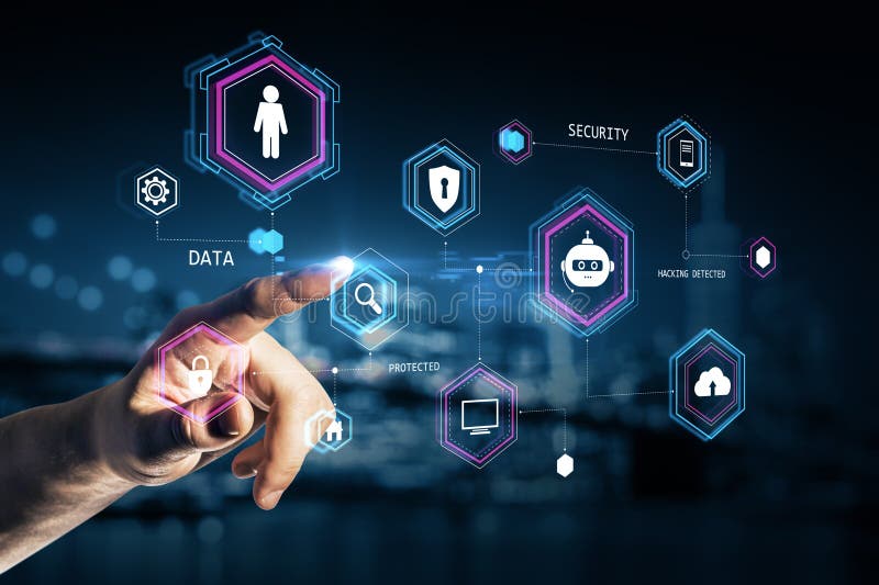 Hand Interacting with Digital Holographic Security Interface, Icons and ...