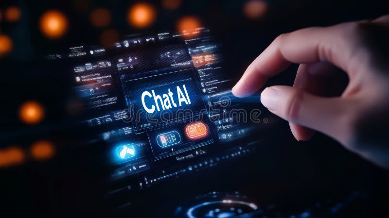 Hand Interacting with Digital Interface Displaying Chat AI Features ... Hand Interacting with Digital Interface Displaying Chat AI Features ...