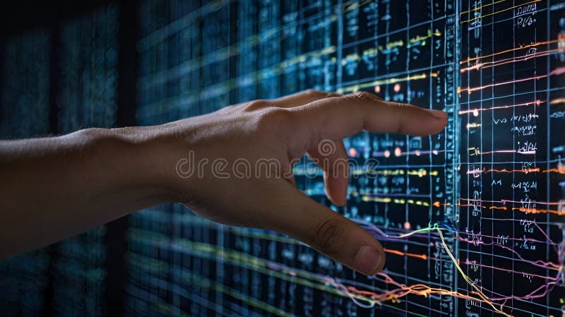 Hand Interacting with Digital Interface Displaying Complex Data and ...