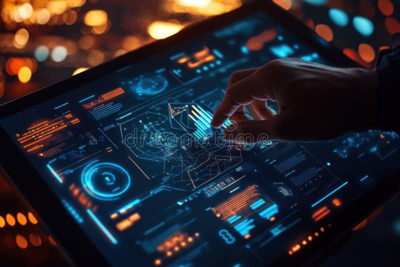 Hand Interacting with Digital Interface Displaying Complex Data and Futuristic Visualizations ...