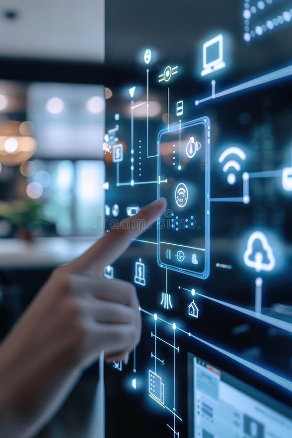 Hand Interacting with a Digital Interface Displaying Connected Devices ...