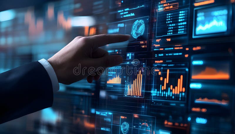 Hand Interacting with Digital Interface Displaying Data Visualization in Modern Workspace. Data ...