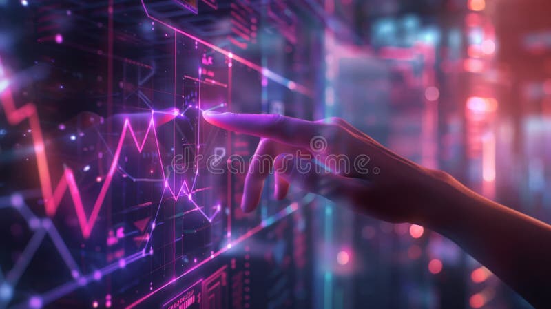 Hand Interacting with a Digital Interface Displaying Graphs and Data ...