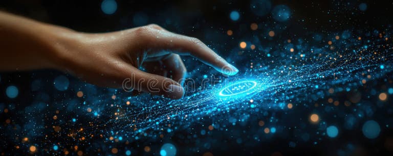 Hand Interacting with a Digital Interface Displaying Light Effects ...