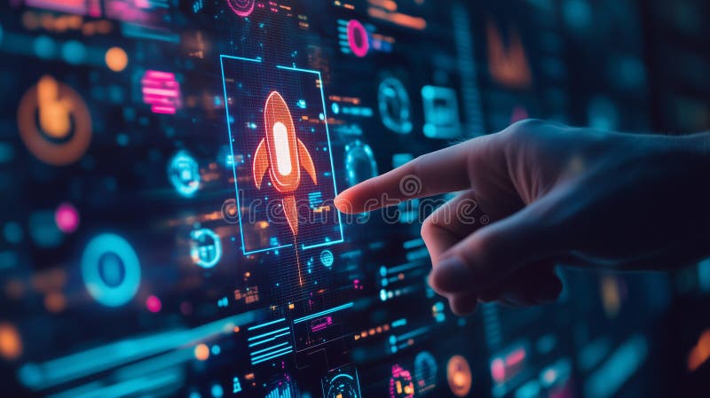 Hand Interacting with a Digital Interface Featuring a Rocket Launch ...