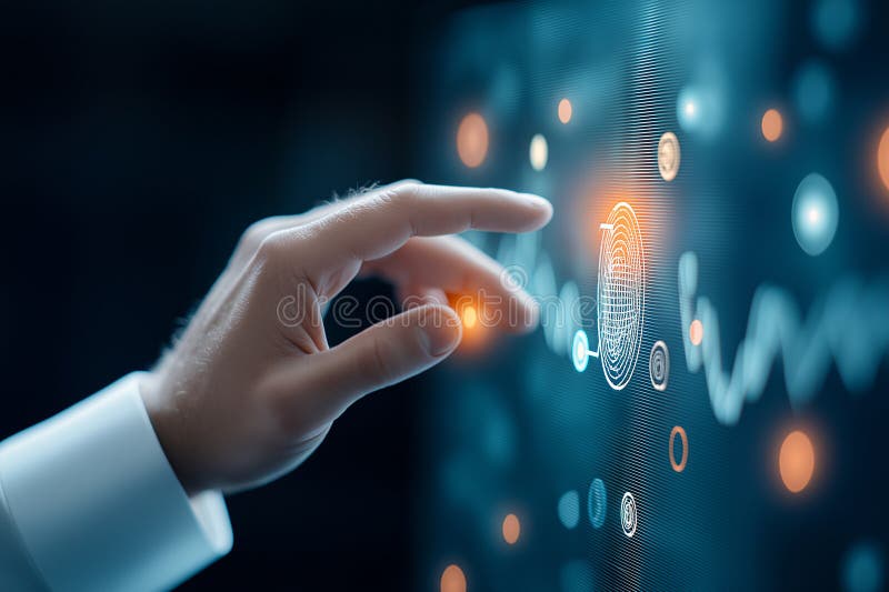 Hand Interacting with Digital Interface Highlighting Fingerprint Icon ...