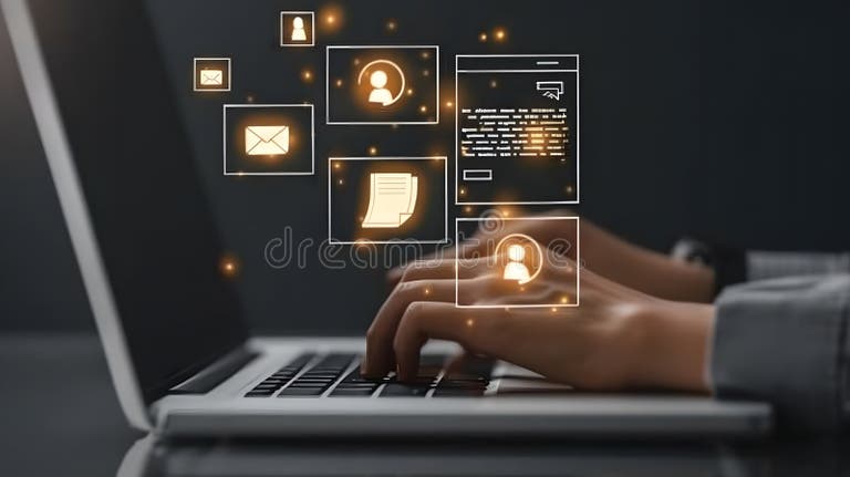 Hand Interacting with Digital Interface on Laptop Technology Data Management Connectivity ...