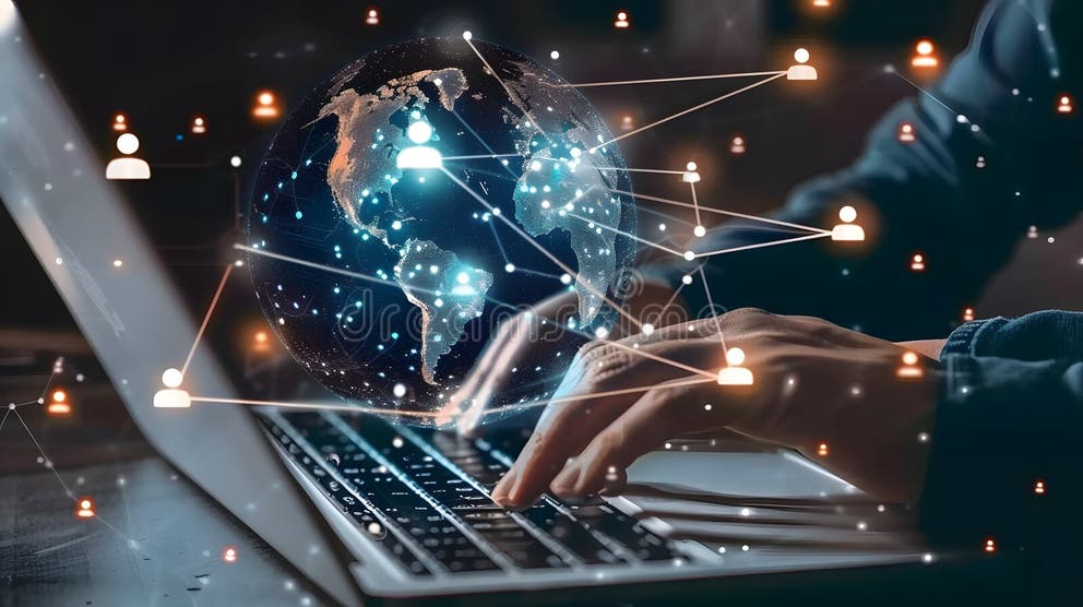 Hand Interacting with Digital Interface on Laptop,Technology Data Management Connectivity ...