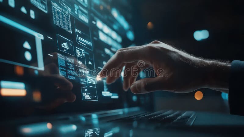 Hand Interacting with Digital Interface Representing Advanced Data Analytics and Visualization ...