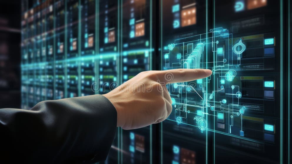 Hand Interacting with Digital Interface in Server Room Stock Photo ...