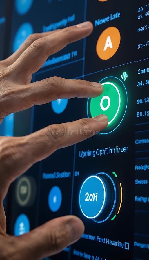 Hand Interacting with Digital Interface Showing Data and Options Stock Illustration ...