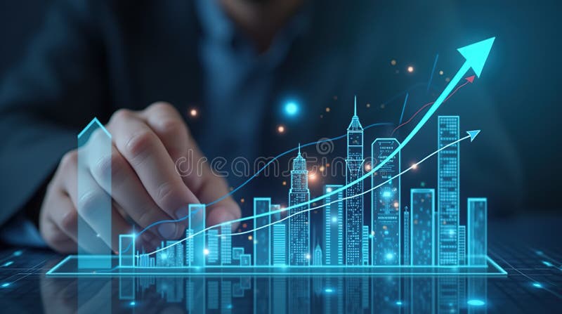 Hand Interacting with Digital Interface Showing Growth Charts Stock ...