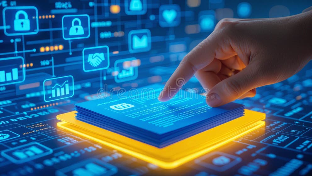 Hand Interacting with Digital Interface Showing Security and Data Icons ...