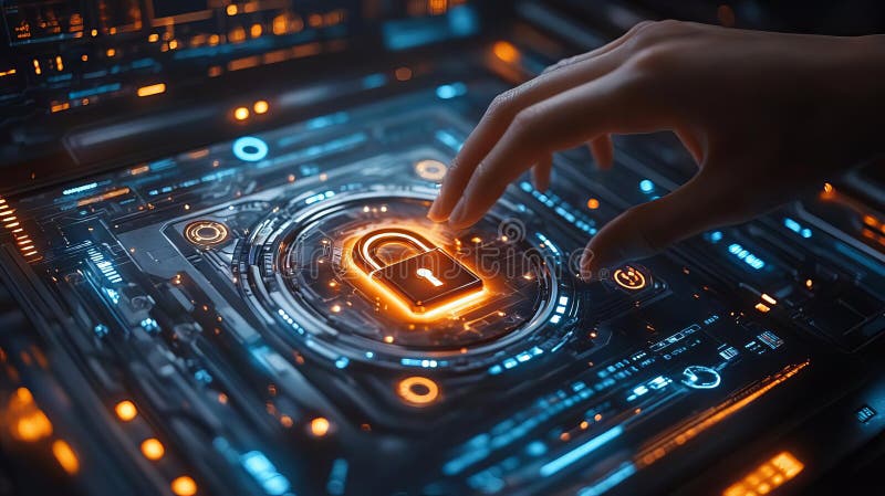 Hand Interacting with a Digital Lock on a Futuristic Interface Stock ...
