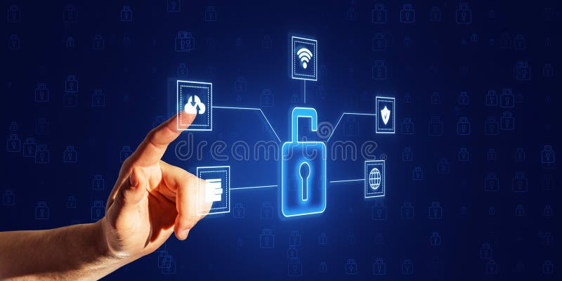 Hand Interacting with Digital Lock Icon on Virtual Cybersecurity ...