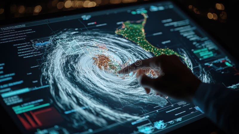 Hand Interacting with Digital Map Displaying Hurricanes Path and Data ...