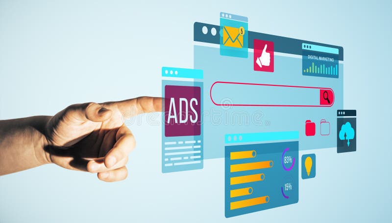 Hand Interacting with Digital Marketing Interface Displaying Ads ...