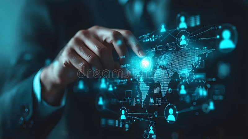 Hand Interacting with Digital Network of Human Icons Social Media and ...