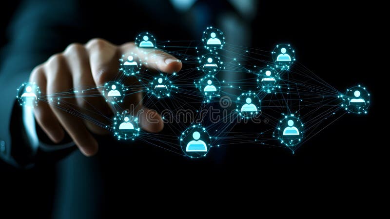 Hand Interacting with Digital Network of Human Icons, Social Media and ...