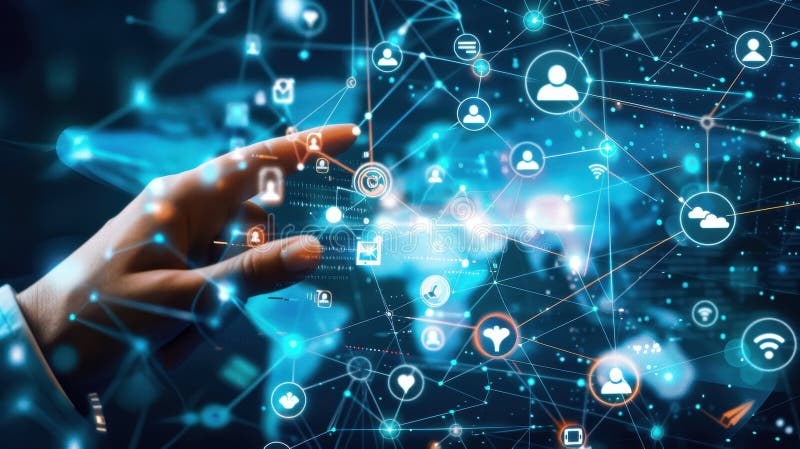 Hand Interacting with a Digital Network of Icons Stock Illustration ...
