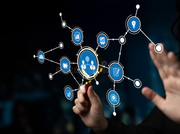 Hand Interacting with Digital Network Interface, Connecting Various ...