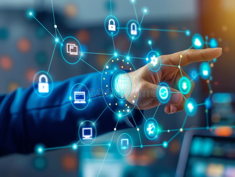 Hand Interacting with Digital Network Interface Stock Photo - Image of ...