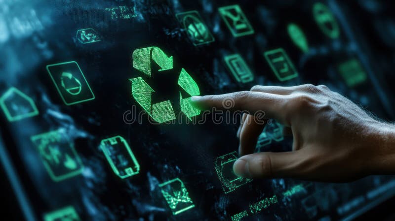 Hand Interacting with Digital Recycling Symbol on High-tech Virtual Screen Stock Image - Image ...