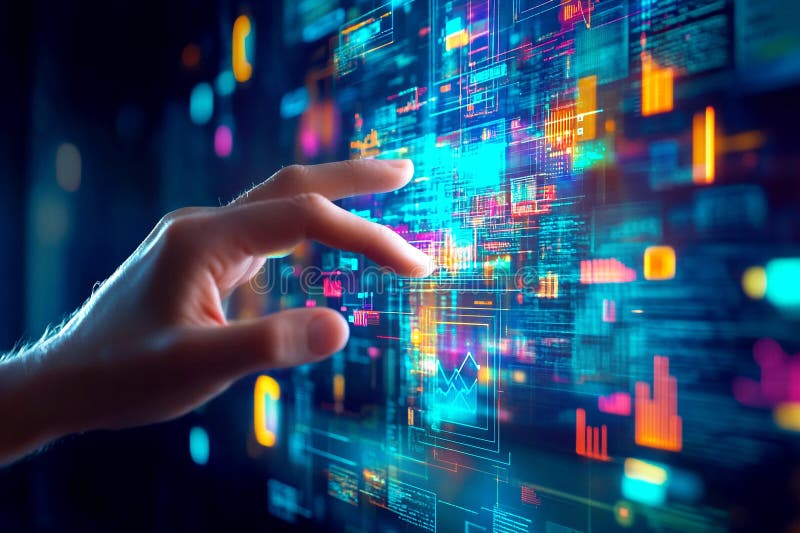 A Hand Interacting with a Digital Screen, Displaying a Graph or Diagram ...