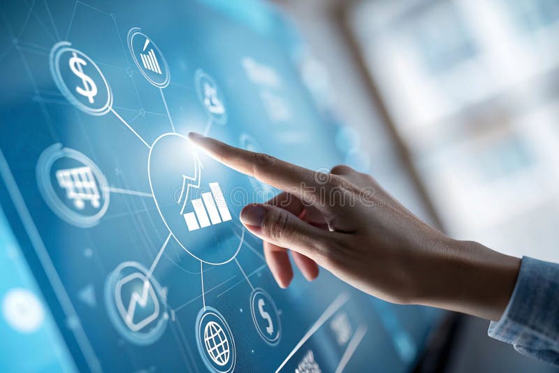 Hand Interacting with a Digital Screen Showing Business Analytics and ...