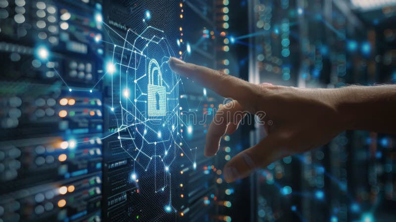 Hand Interacting Digital Security Lock Icon Server Screen Stock Photos ...