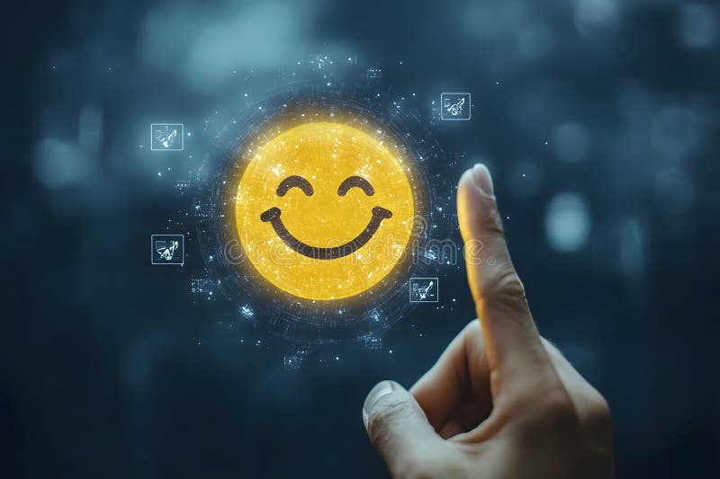 Hand Interacting with Digital Smiley Face Emoji Interface, Futuristic ...