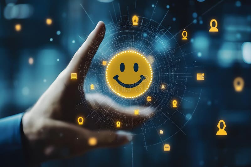 Hand Interacting with Digital Smiley Face Emoji Interface, Futuristic ...